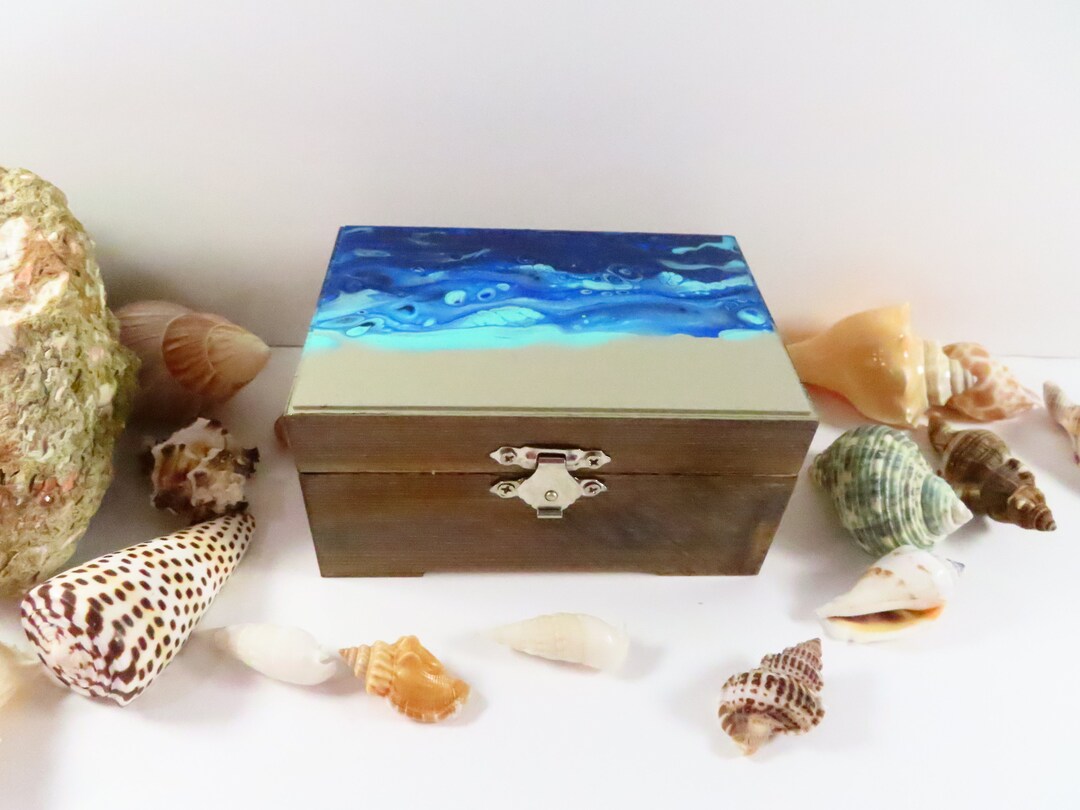 Wood Painted Beach Jewelry Box, Painted Abstract Coastal Decor Box With ...
