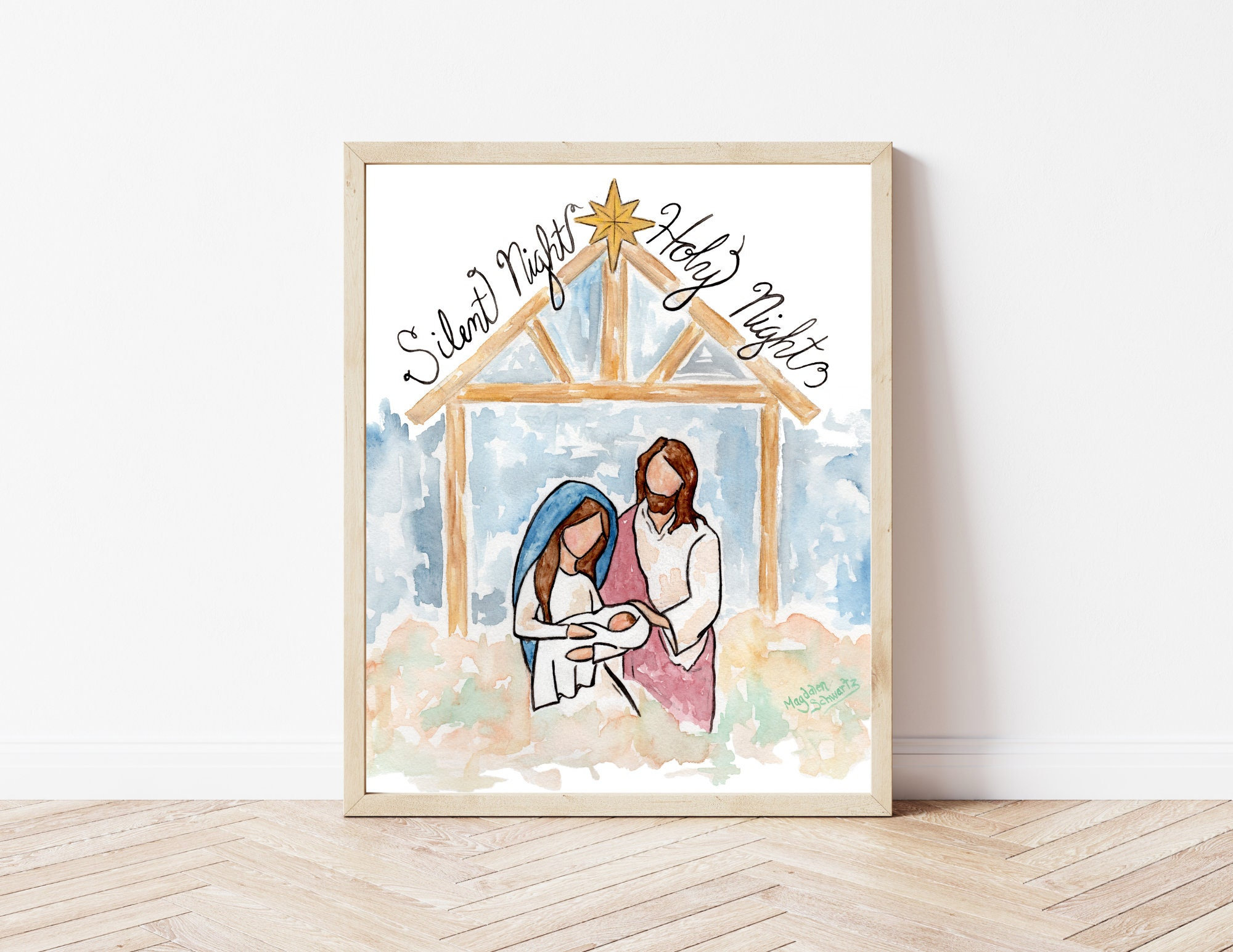 Silent Night Nativity Christmas Watercolor Art Print - Holiday ...