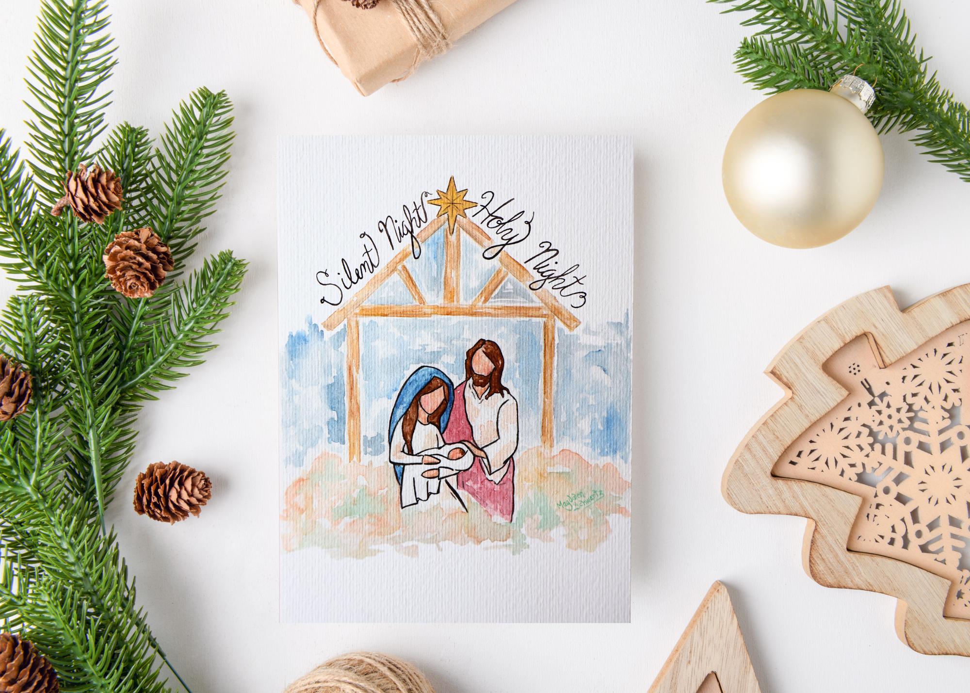 Silent Night Nativity Christmas Watercolor Art Print - Holiday ...
