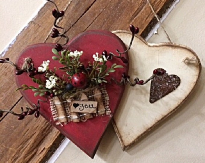 Primitive love Bug Double Hanging Hearts W/charming Lady Bug Garden ...