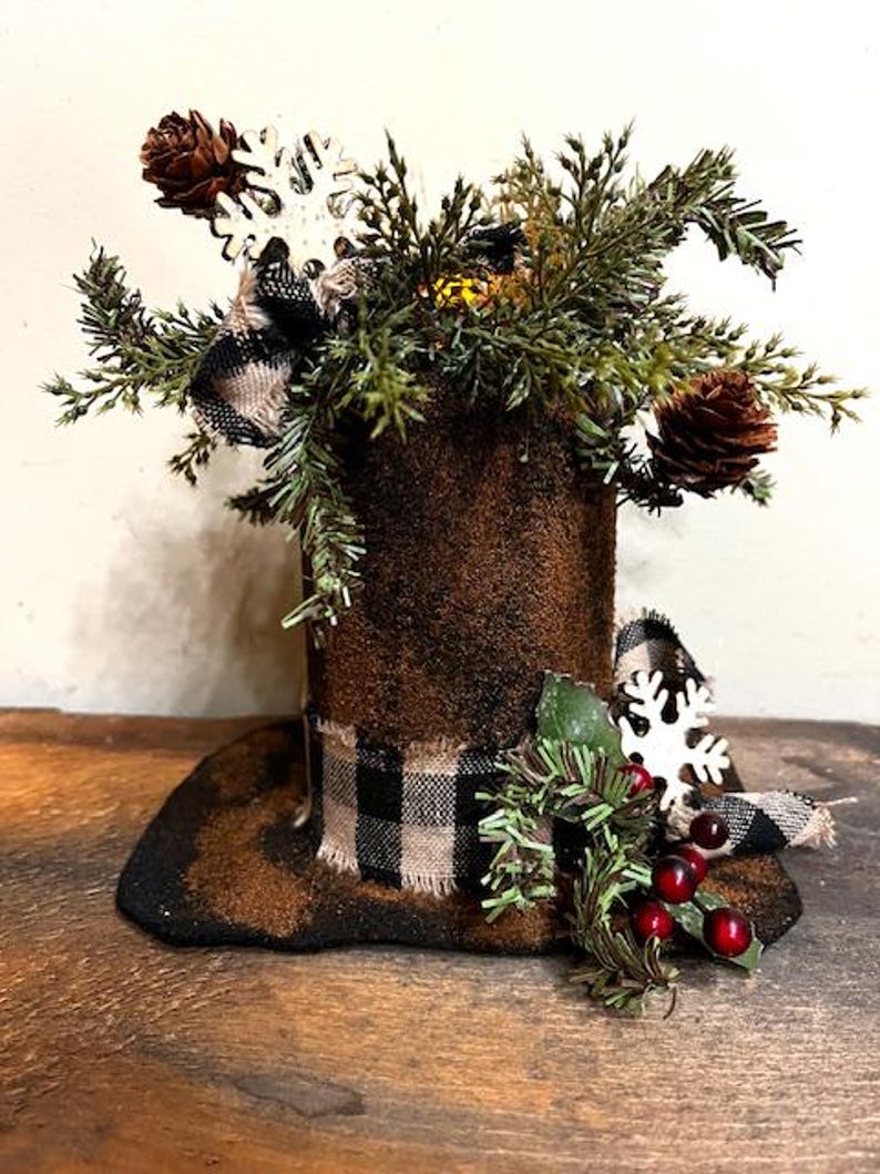 Primitive Winter/snowman Hat W/timer T Lite/handcrafted Grungy Spiced ...