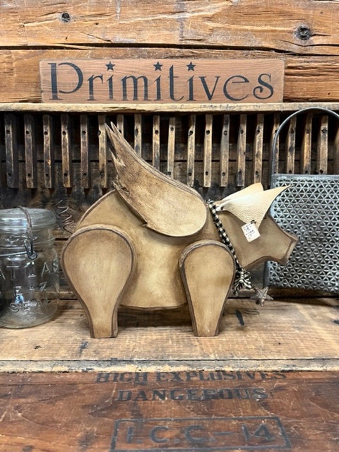 Primitive Pig Country Folk Art "hope" Handcrafted Wood Flying Pig ...