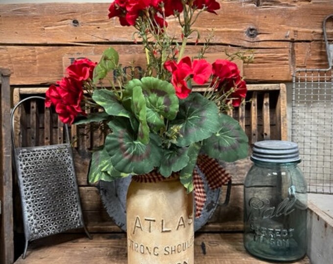 Primitive Flowers Beautiful Deep Red Geranium Bouquet W/painted Vintage ...