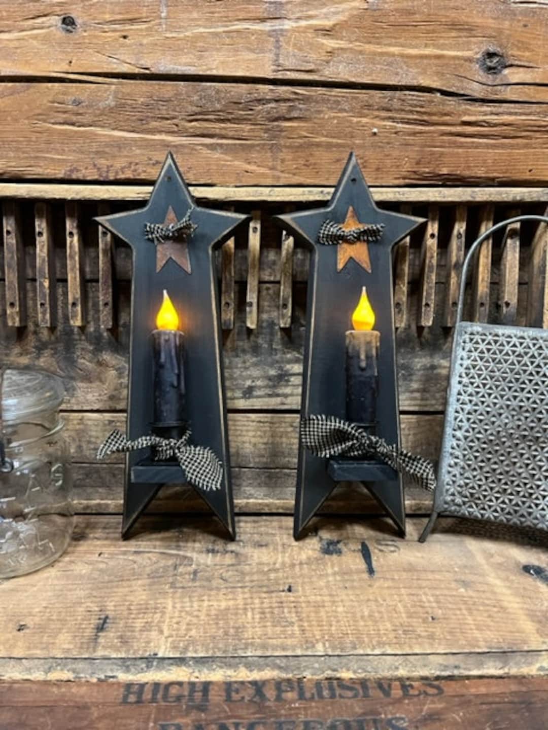 Primitive Painted Wood Black Star Wall Sconce Set/2 W/timer Candles ...