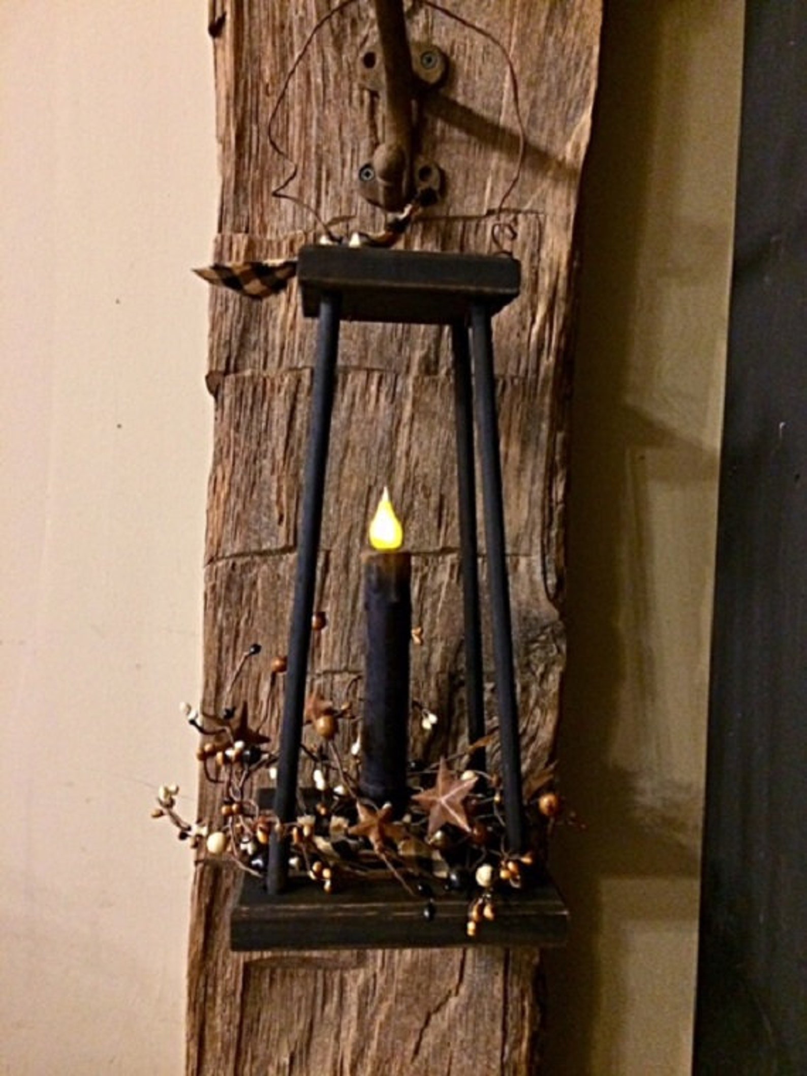 Primitive Lantern With Timer Candle Hanging Black Wooden - Etsy