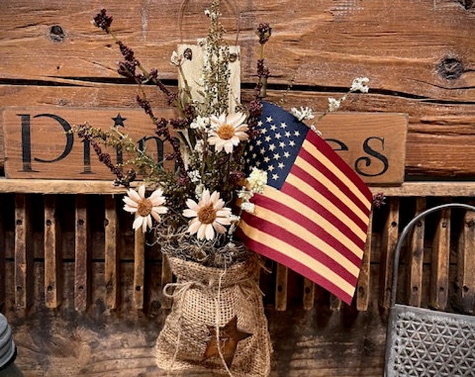 Primitive Summer Rustic Hanging Flag Display on Barn Wood W/ Burlap Bag ...