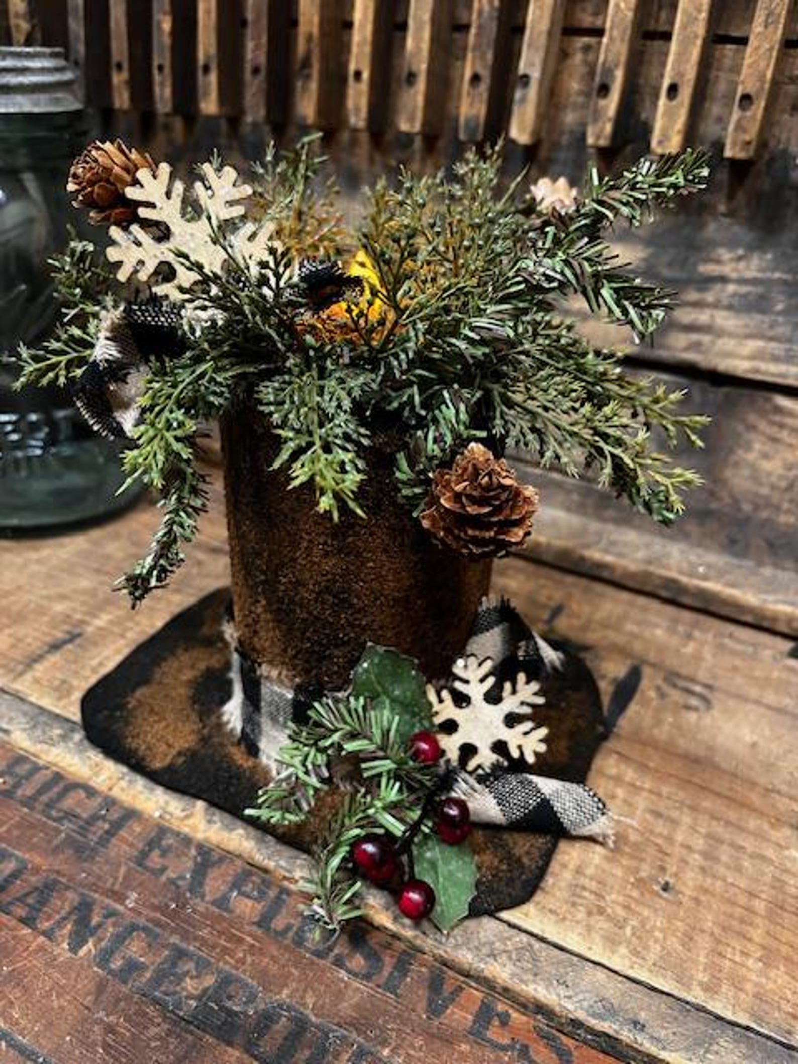 Primitive Winter/snowman Hat W/timer T Lite/handcrafted Grungy Spiced ...