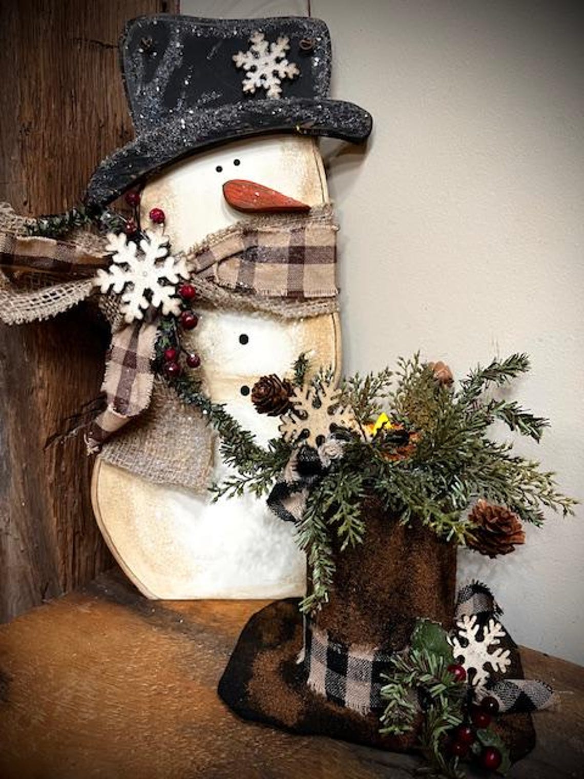 Primitive Winter/snowman Hat W/timer T Lite/handcrafted Grungy Spiced ...