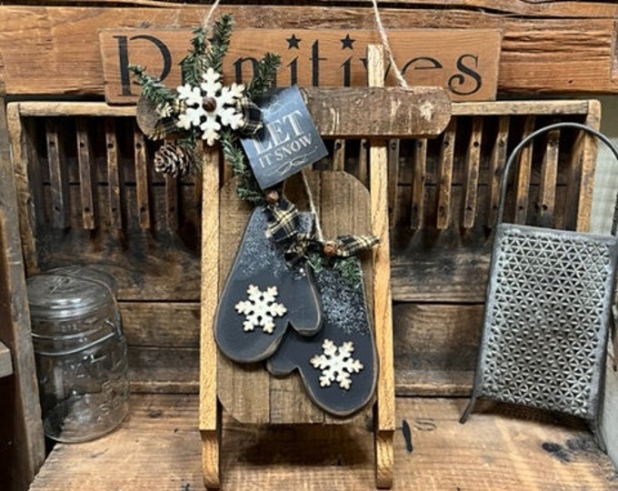 Primitive Winter Handcrafted Wood Hanging Sled W/mittens - Etsy