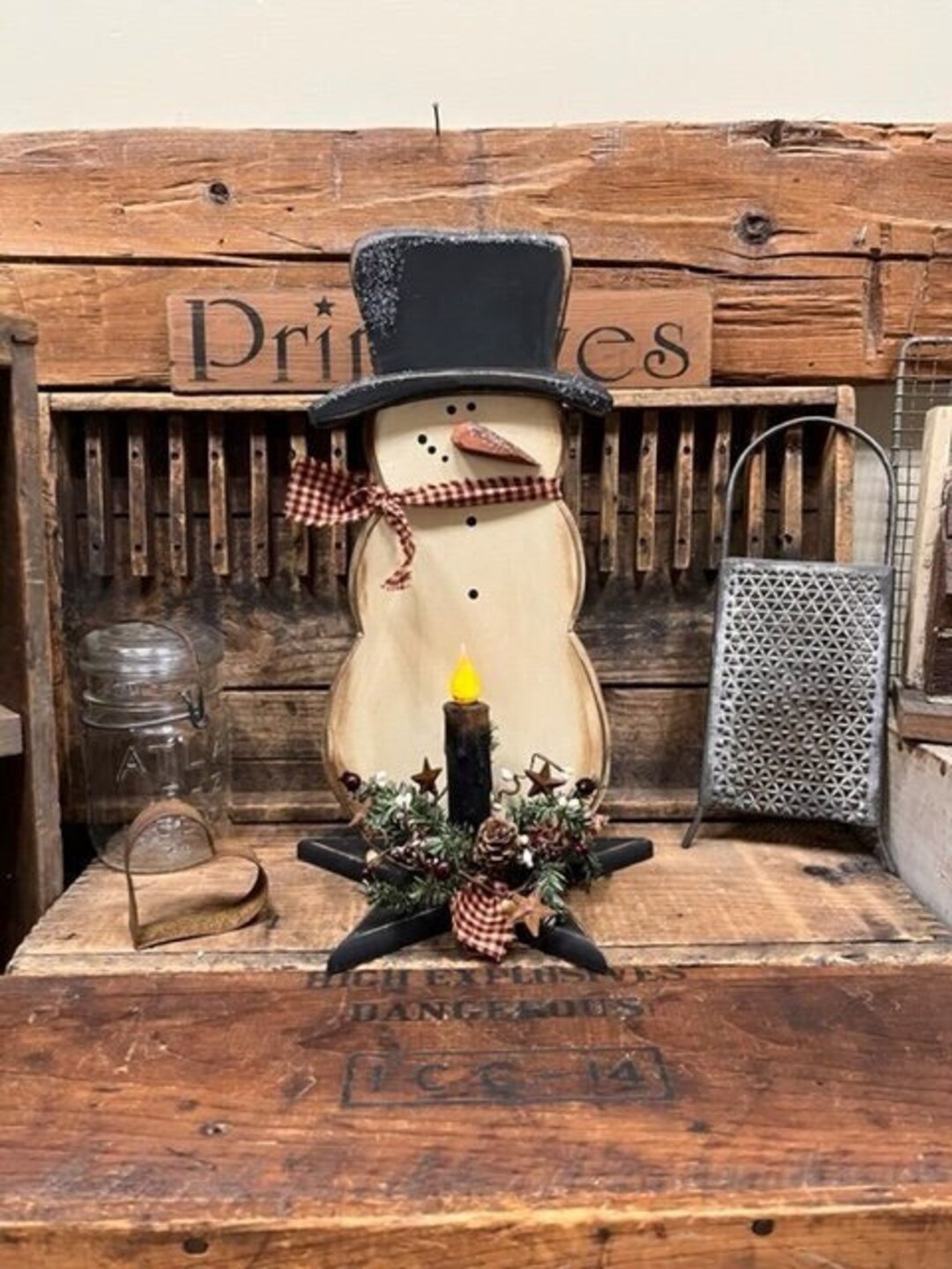 Primitive Snowman mr Topper Cute Top Hat Snowman Design W/timer Candle ...