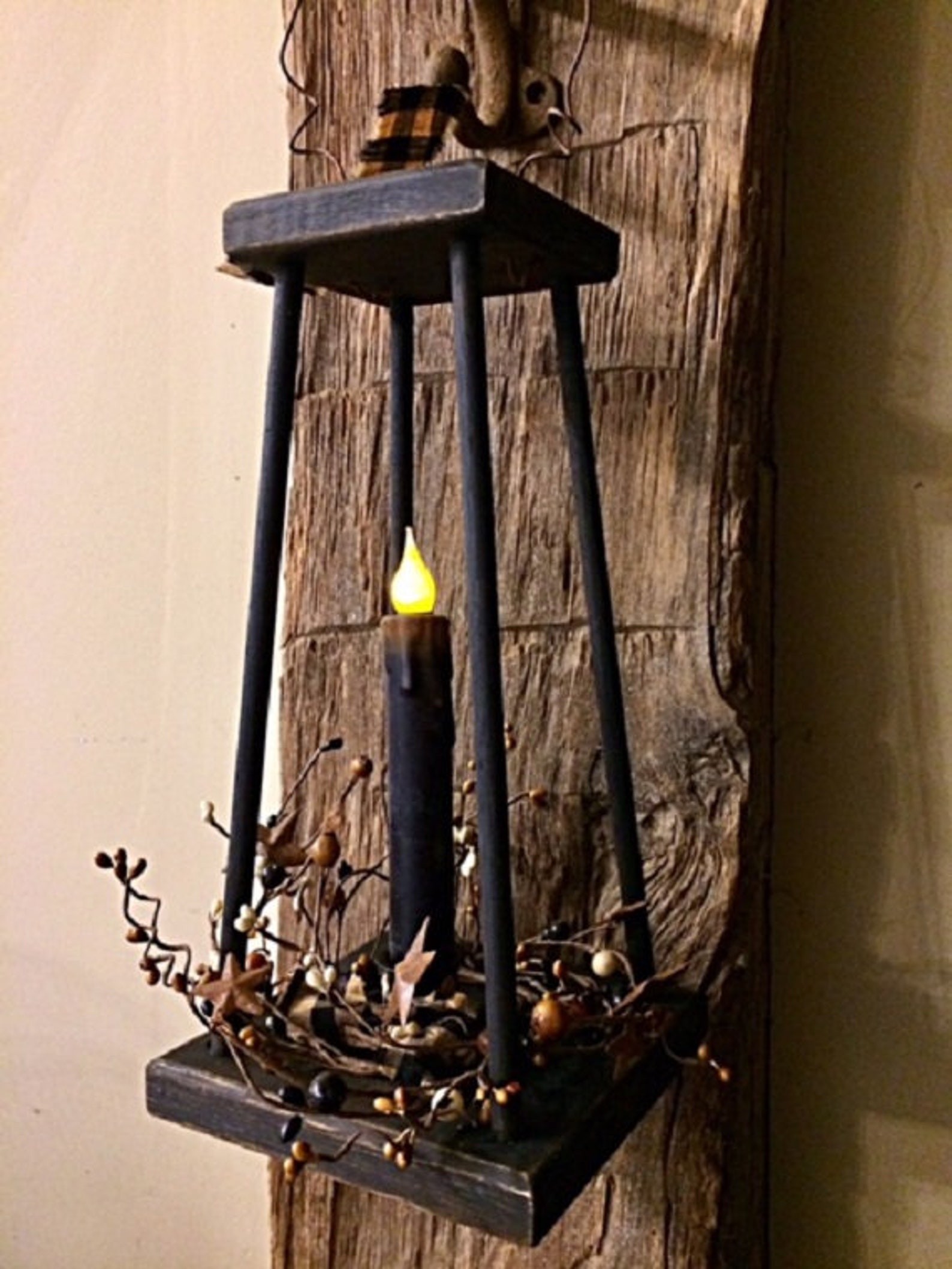 Primitive Lantern With Timer Candle Hanging Black Wooden - Etsy
