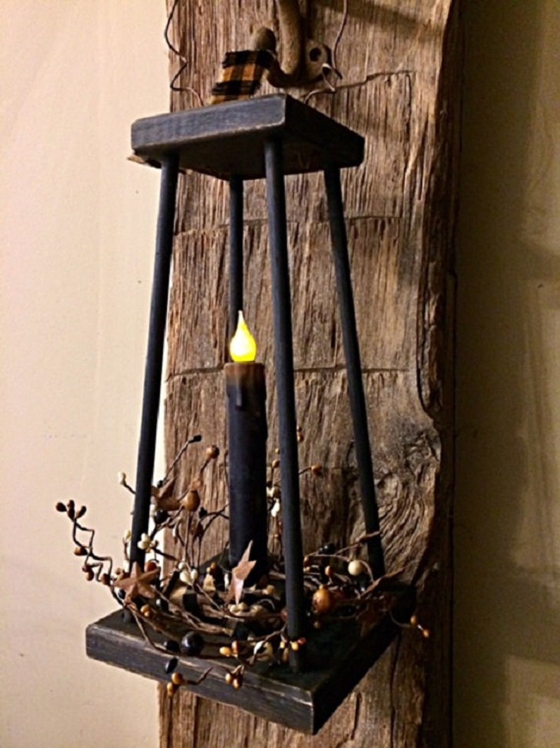 Primitive Lantern With Timer Candle Hanging Black Wooden - Etsy
