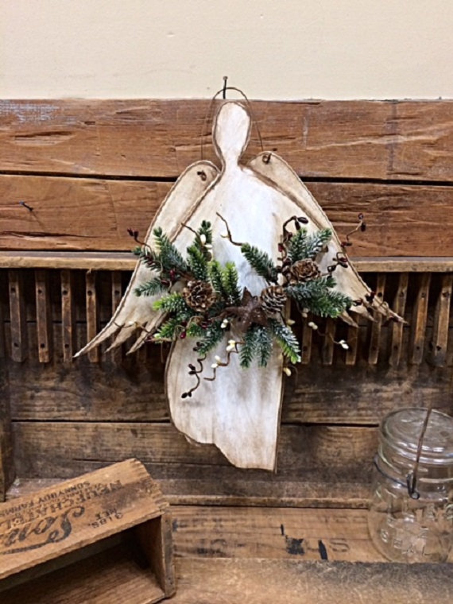 Primitive Christmas Angel Beautiful Rustic Hanging Angel w/ | Etsy