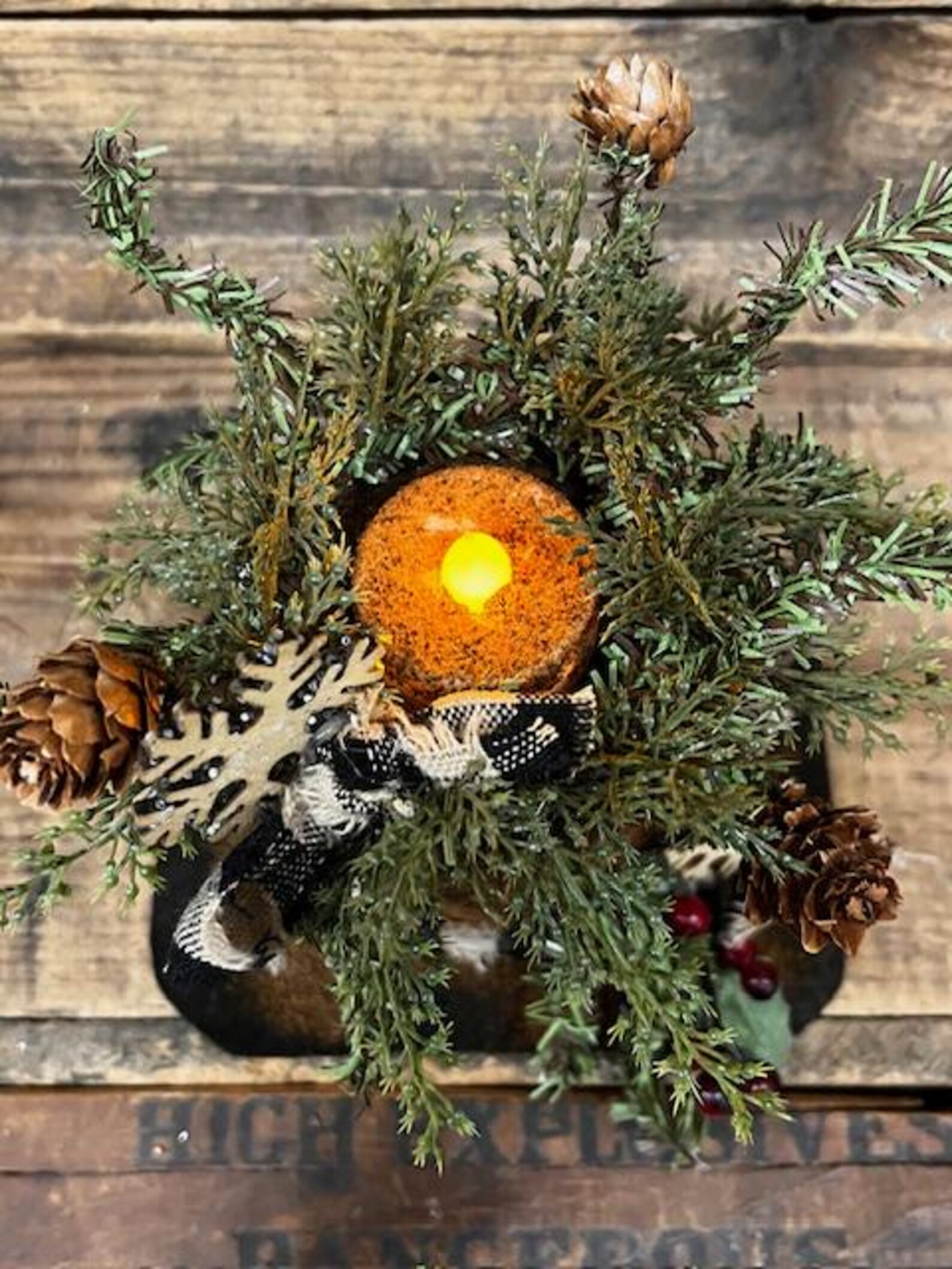 Primitive Winter/snowman Hat W/timer T Lite/handcrafted Grungy Spiced ...