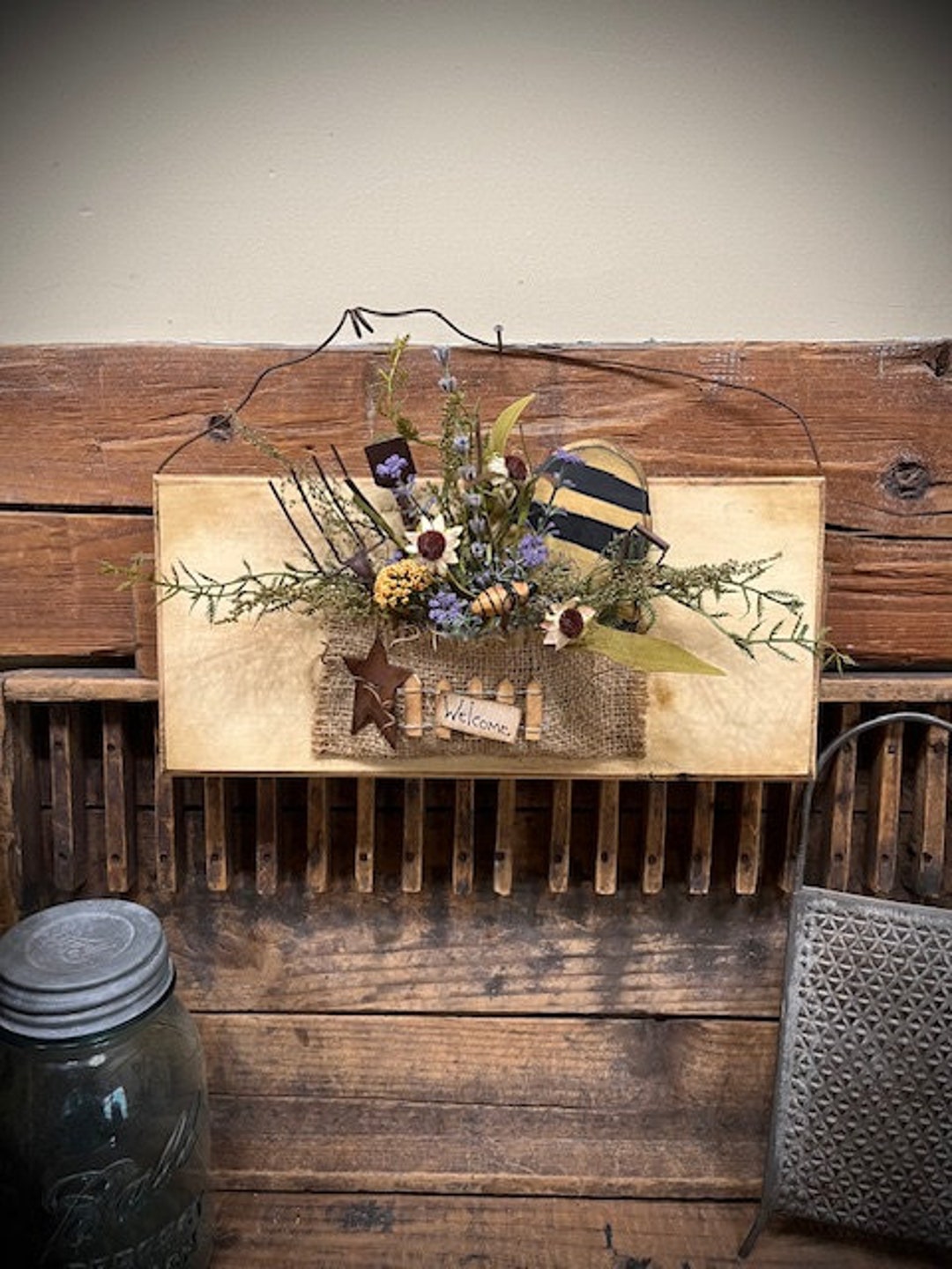 Primitive "bee Garden Welcome" Pretty Country Hanging Floral and Honey ...