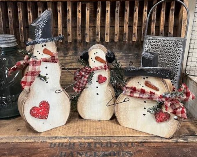 Primitive Winter Handcrafted Snowmen Set/3 Chunky Wooden Snowman Trio ...