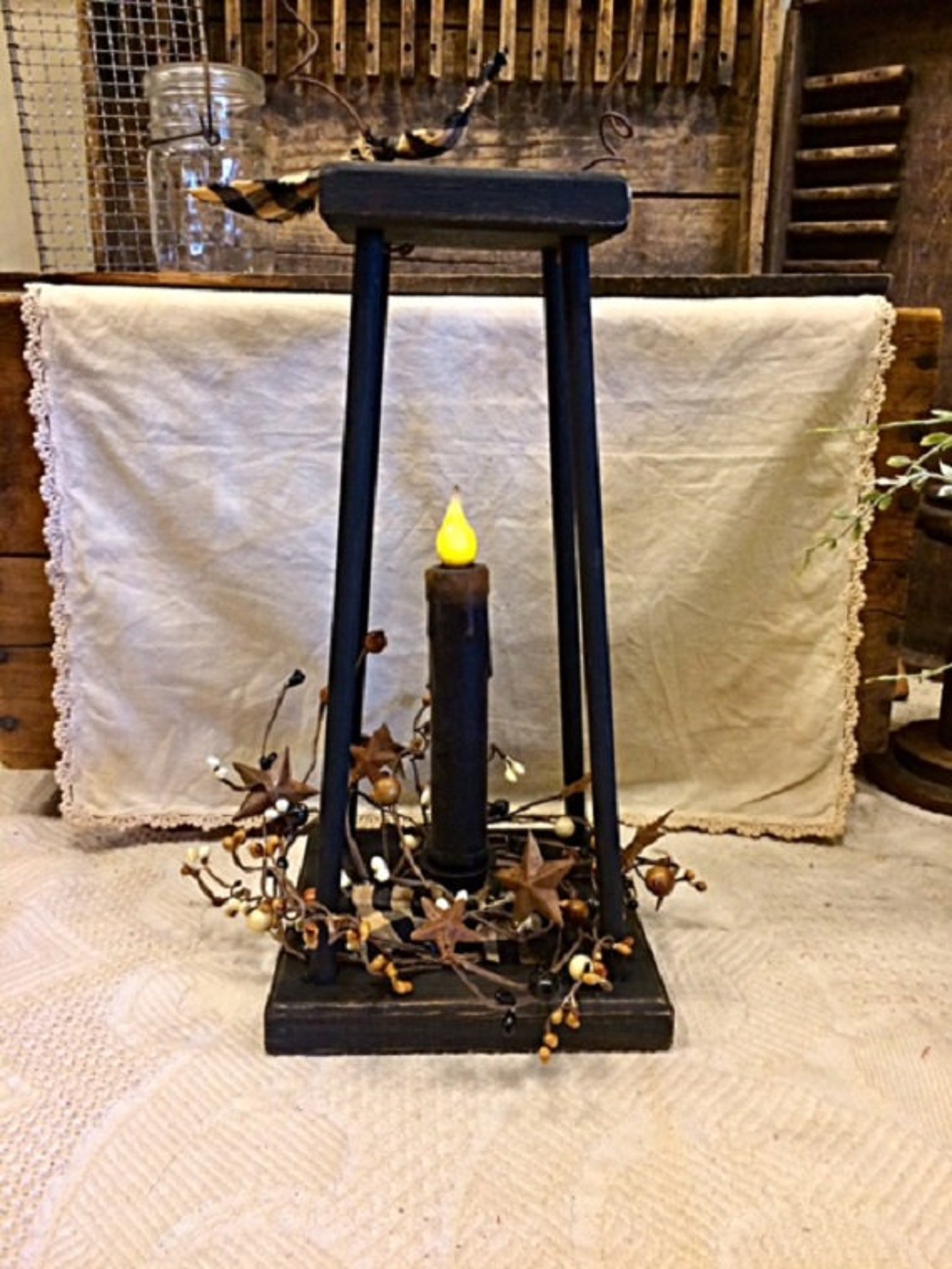 Primitive Lantern With Timer Candle Hanging Black Wooden - Etsy