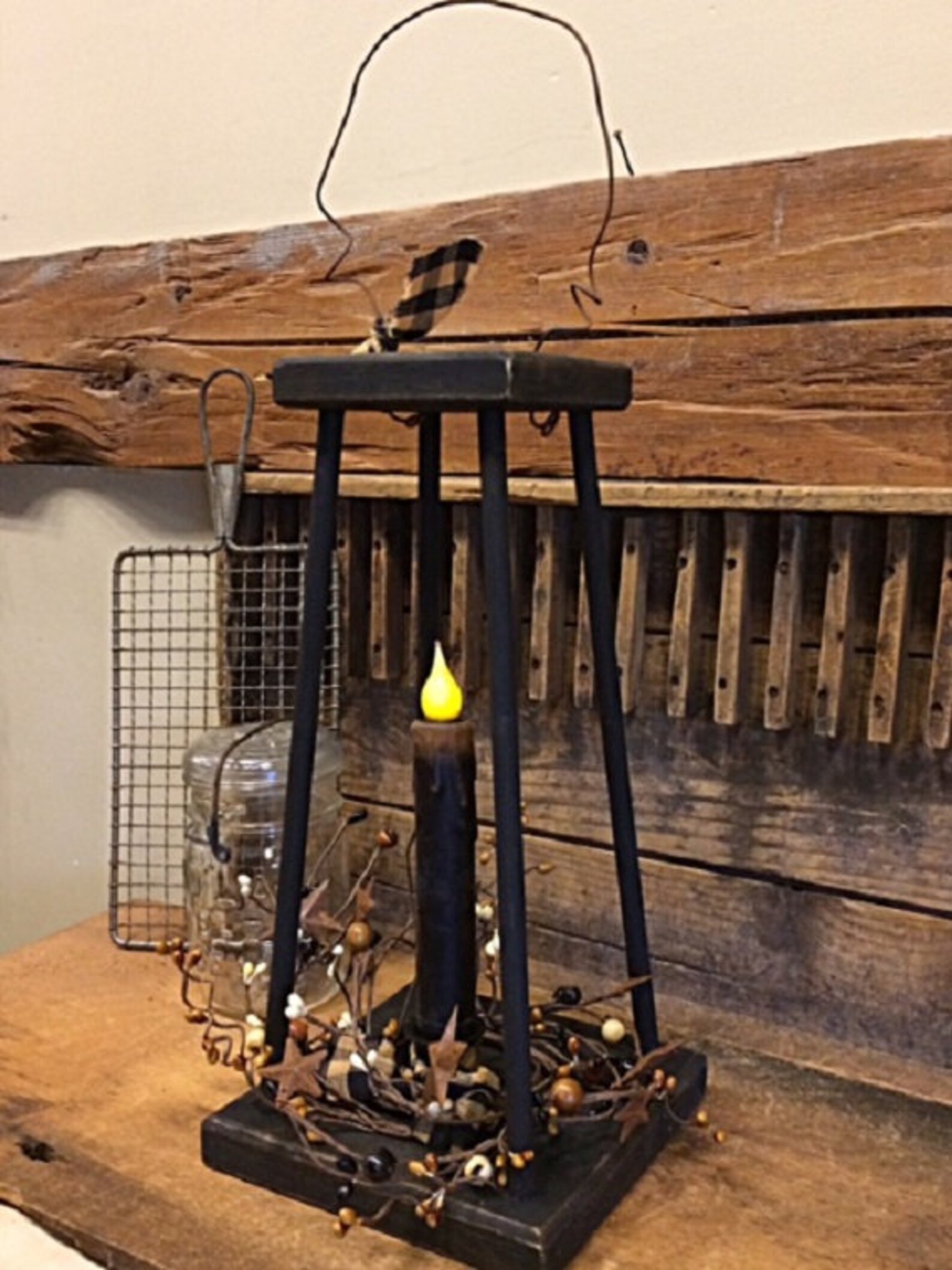 Primitive Lantern With Timer Candle Hanging Black Wooden - Etsy