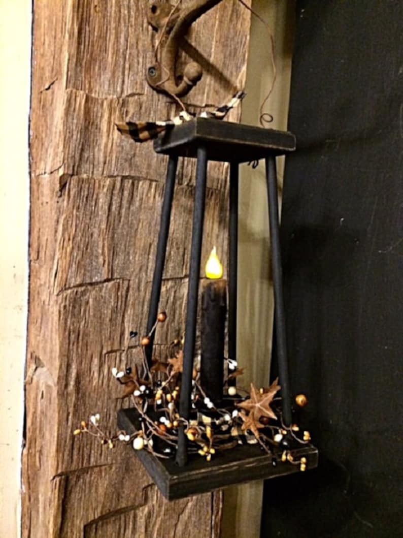 Primitive Lantern With Timer Candle Hanging Black Wooden - Etsy