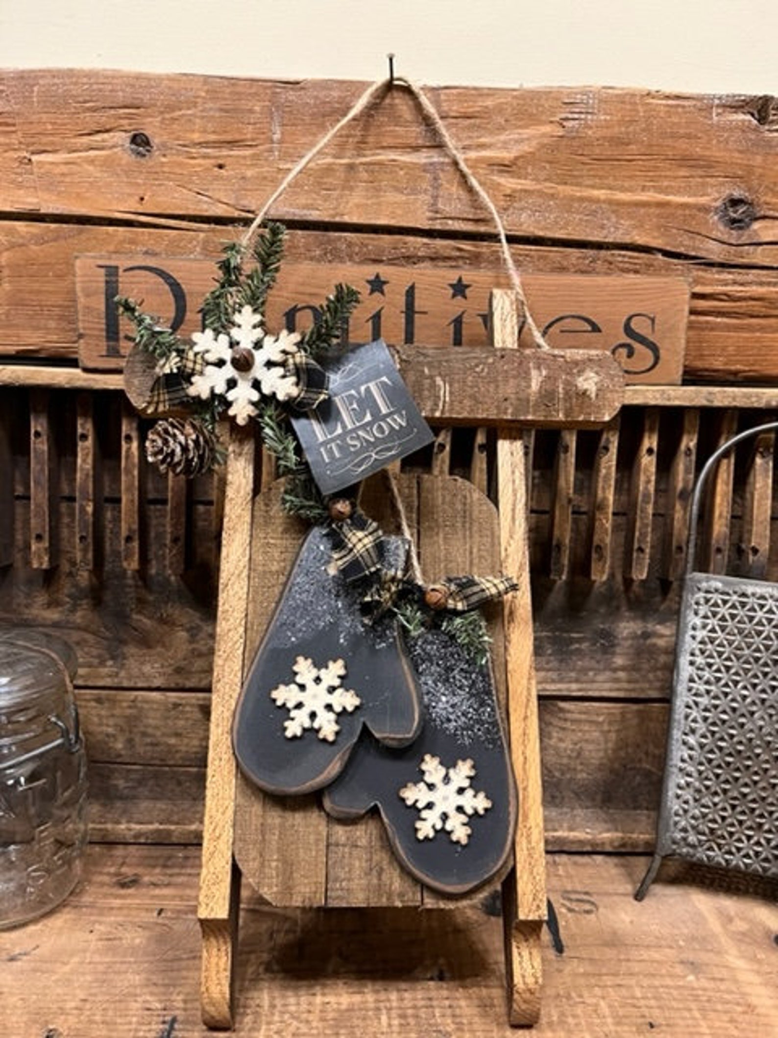 Primitive Winter Handcrafted Wood Hanging Sled W/mittens - Etsy