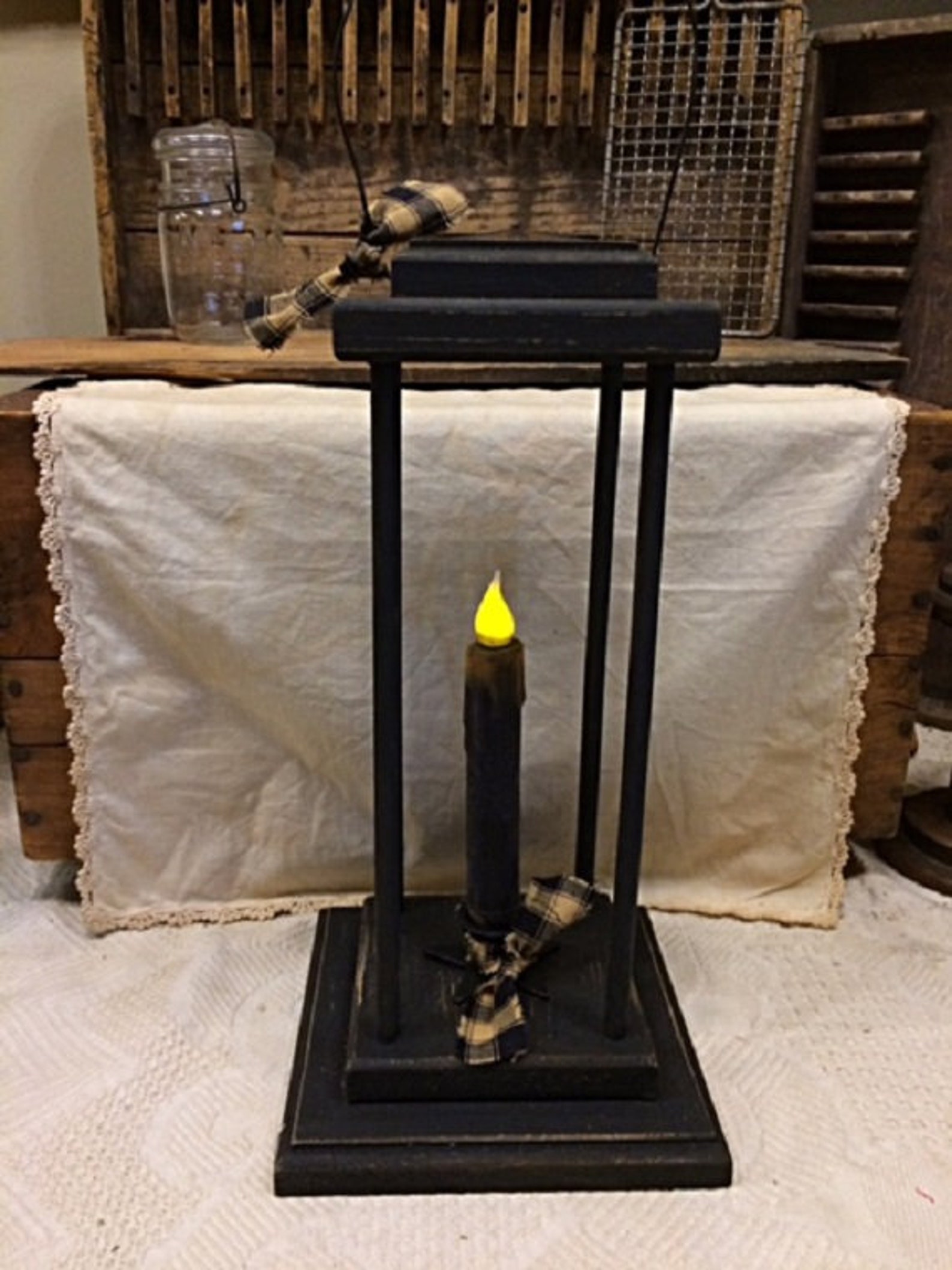 Primitive Lantern w/Timer Candle Painted Black Handcrafted | Etsy