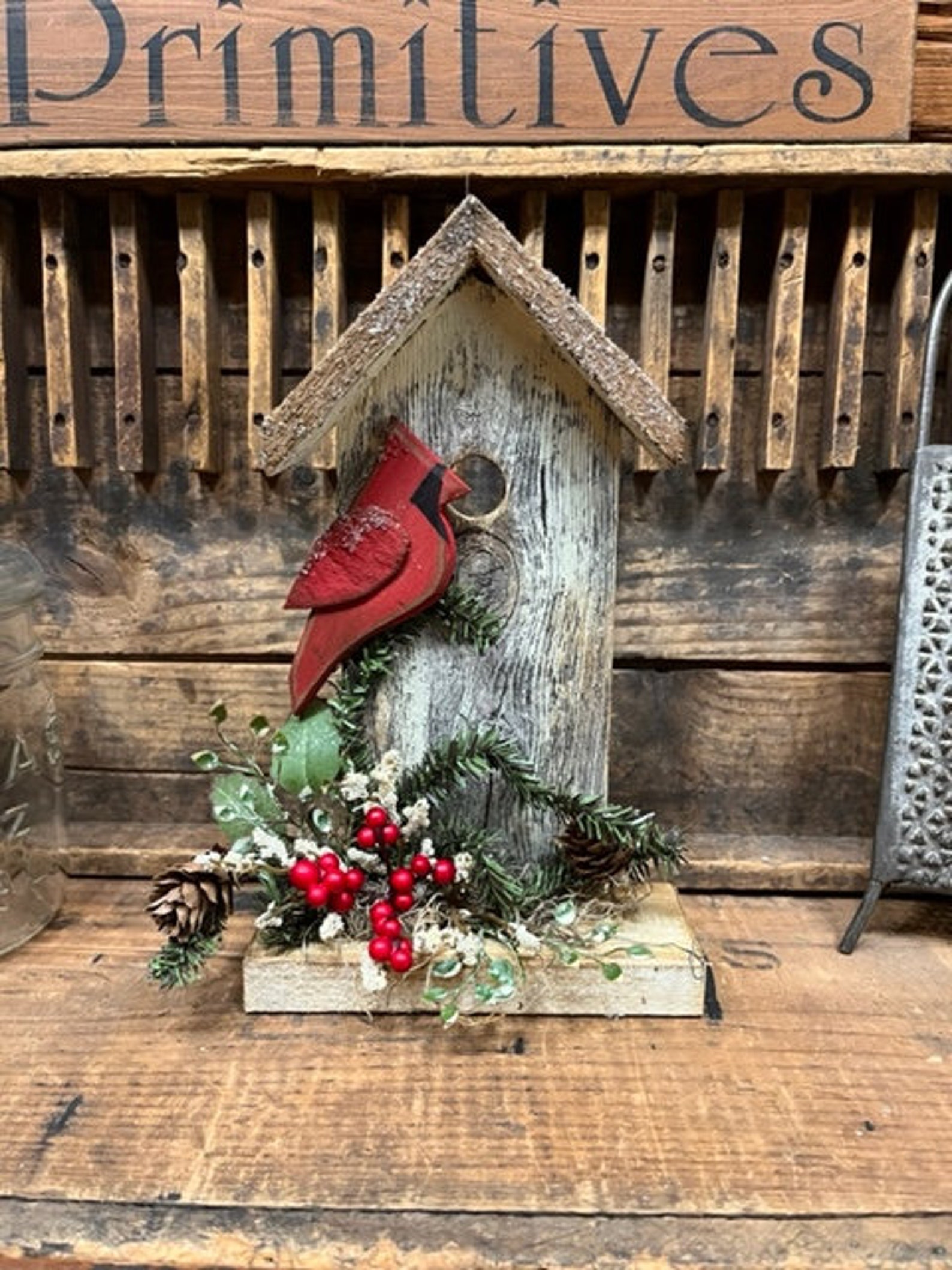 Primitive Winter Red Bird/cardinal Faux birdhouse - Etsy