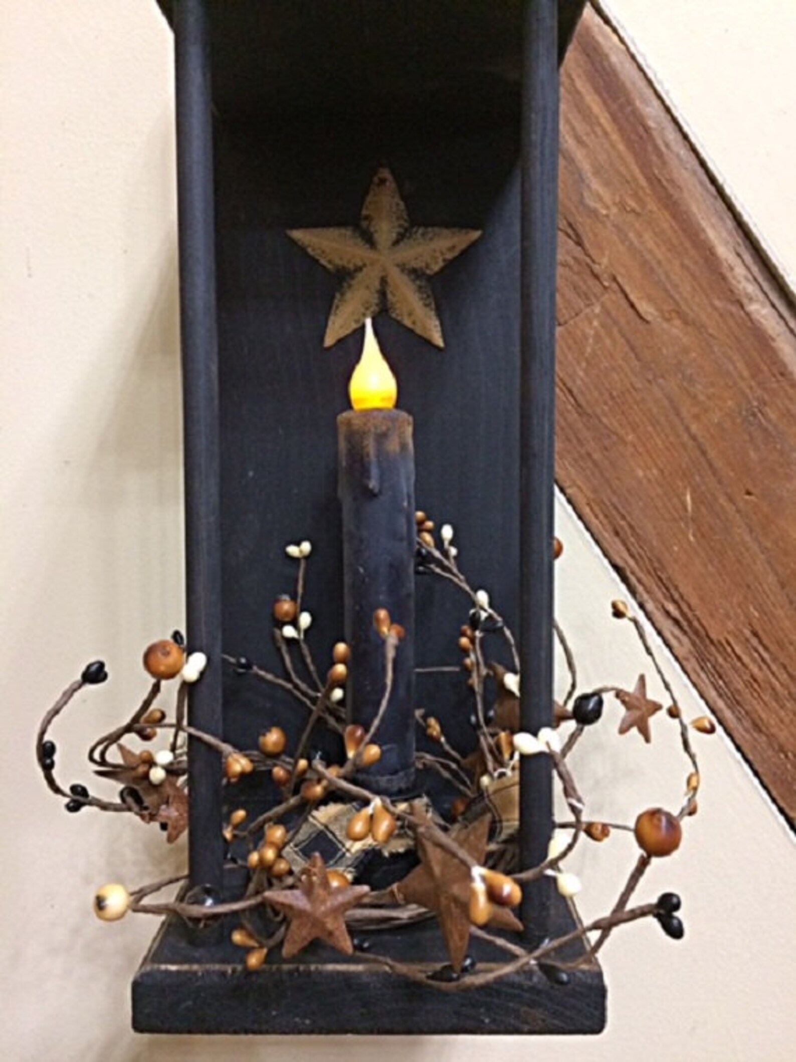 Primitive Wall Lantern Handcrafted Black Wooden Lantern W/timer Candle ...