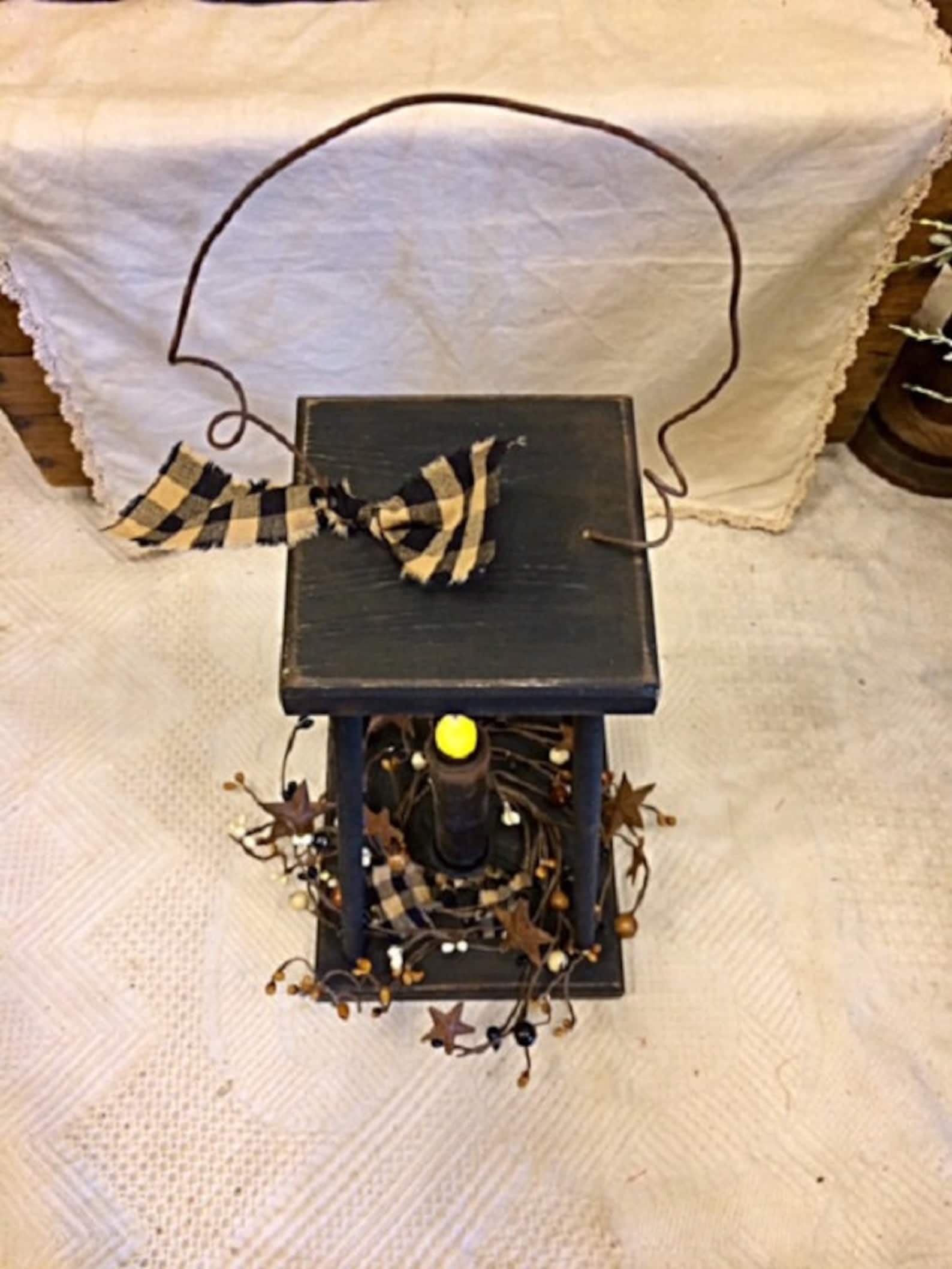 Primitive Lantern With Timer Candle Hanging Black Wooden - Etsy