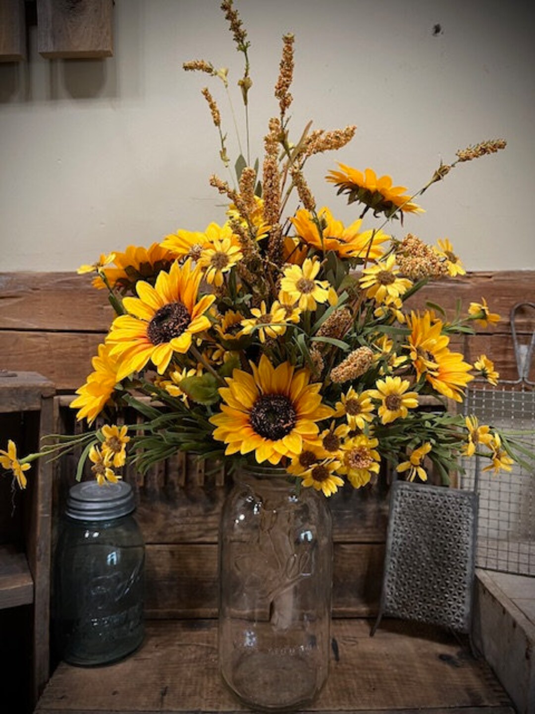 Primitive Flowers/large Sunflower Mix Hand Tied Bouquet Beautiful ...