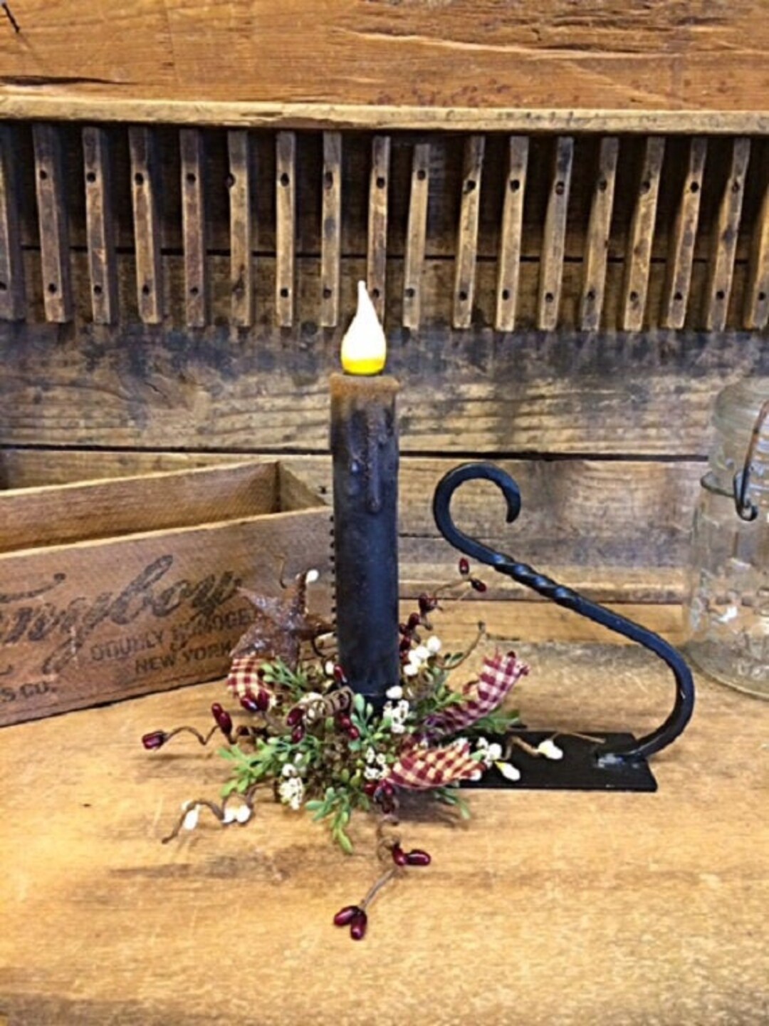 Primitive Country Candle Wrought Iron Timer Candle Holder W/ Greenery ...