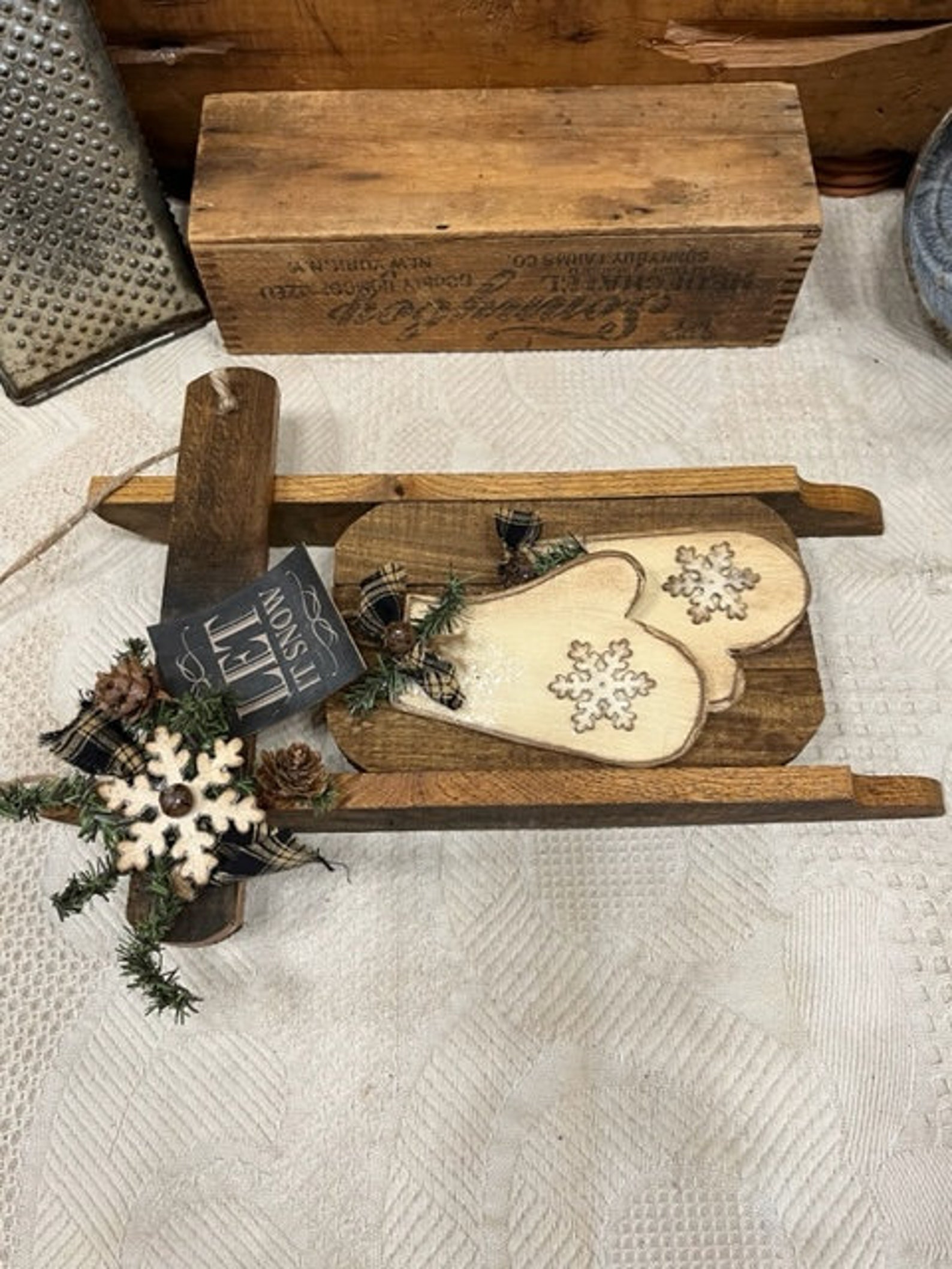 Primitive Winter Handcrafted Wood Hanging Sled W/mittens - Etsy