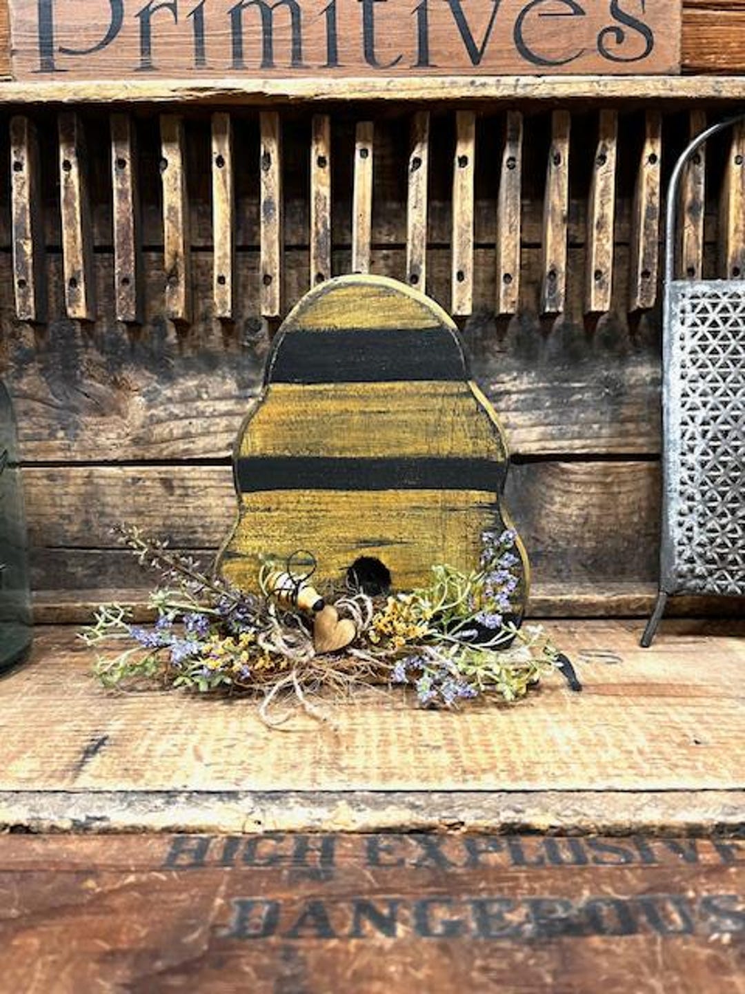 Primitive Summer/ Handcrafted Wooden Bee Hive Design W/pretty Floral ...