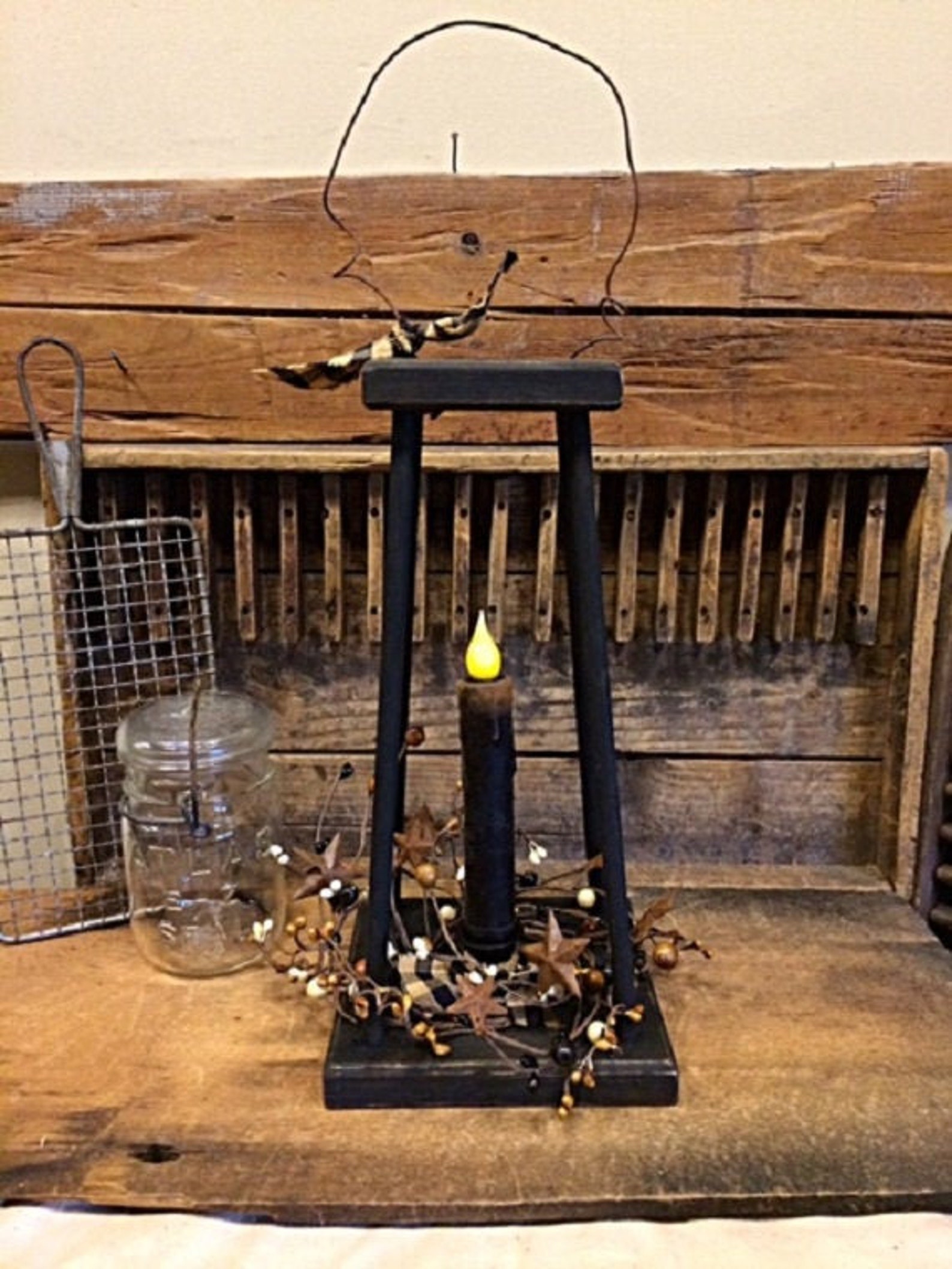 Primitive Lantern With Timer Candle Hanging Black Wooden Lantern ...