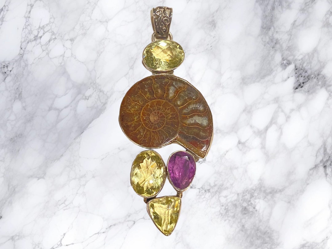 Large Nautilus Fossil Pendant With Lemon Citrine & Quartz - Etsy