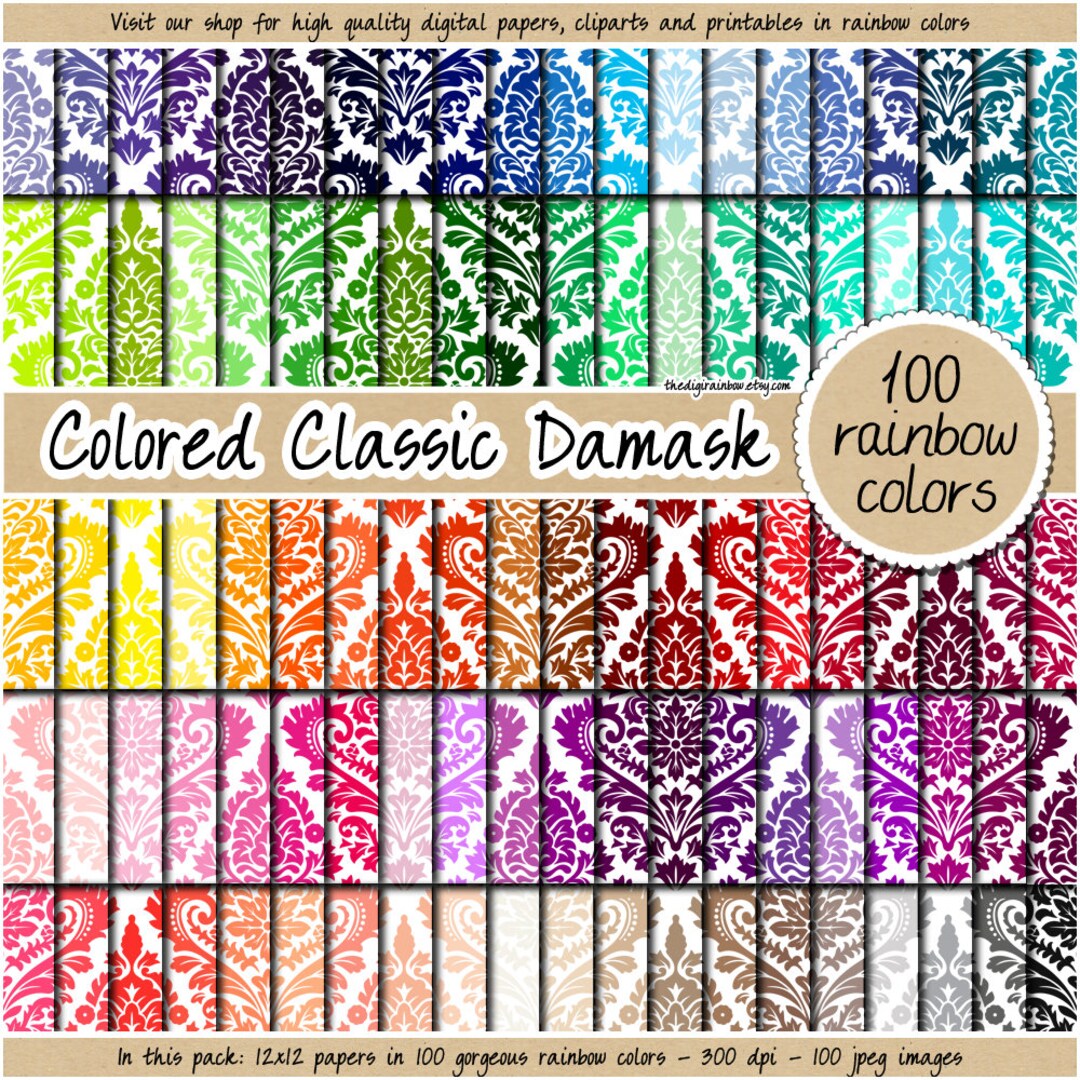 100 Damask Digital Paper Wedding Digital Paper Rainbow Damask ...