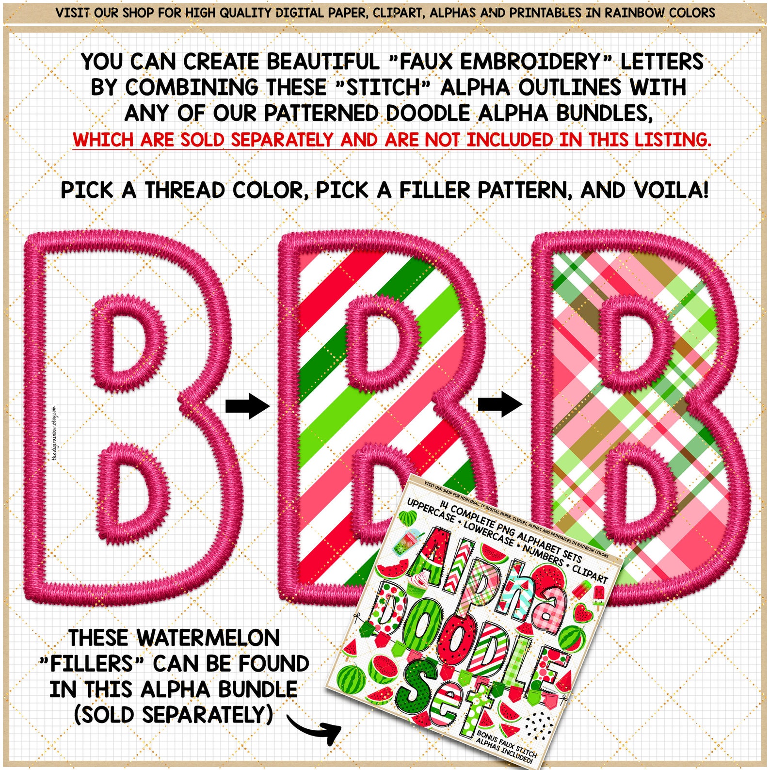 Pink and Green Alphabet Watermelon Font Faux Embroidery Alpha Bundle ...
