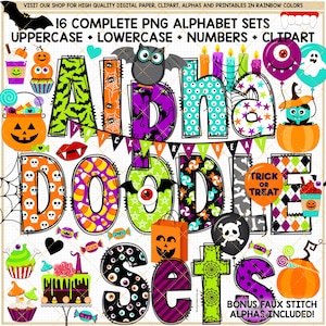 Halloween Doodle Alphabet PNG Font Spooky Pumpkin Lantern Vampire Ghost ...