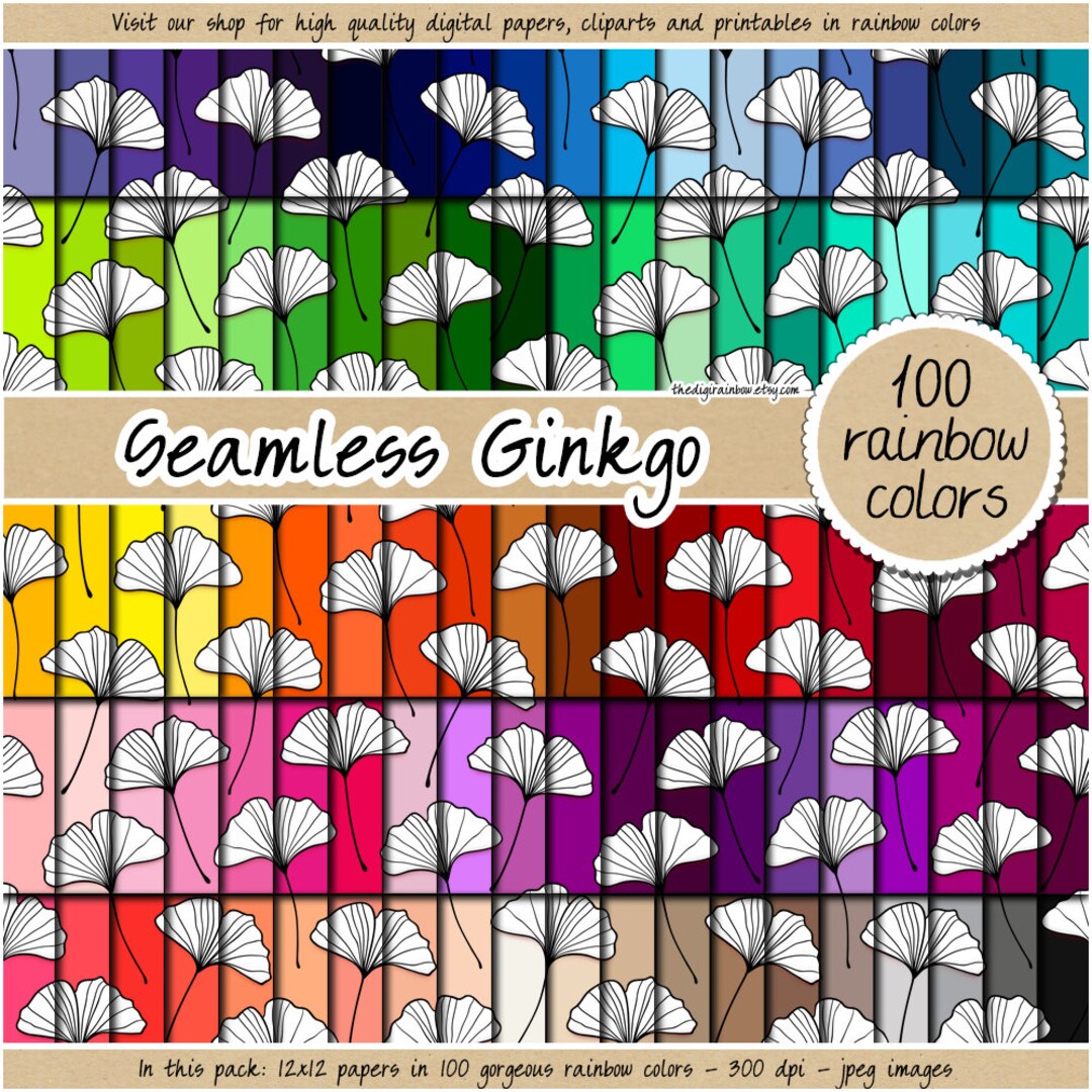 100 SEAMLESS Floral Digital Paper Ginkgo Leaf Pattern Rainbow Printable ...