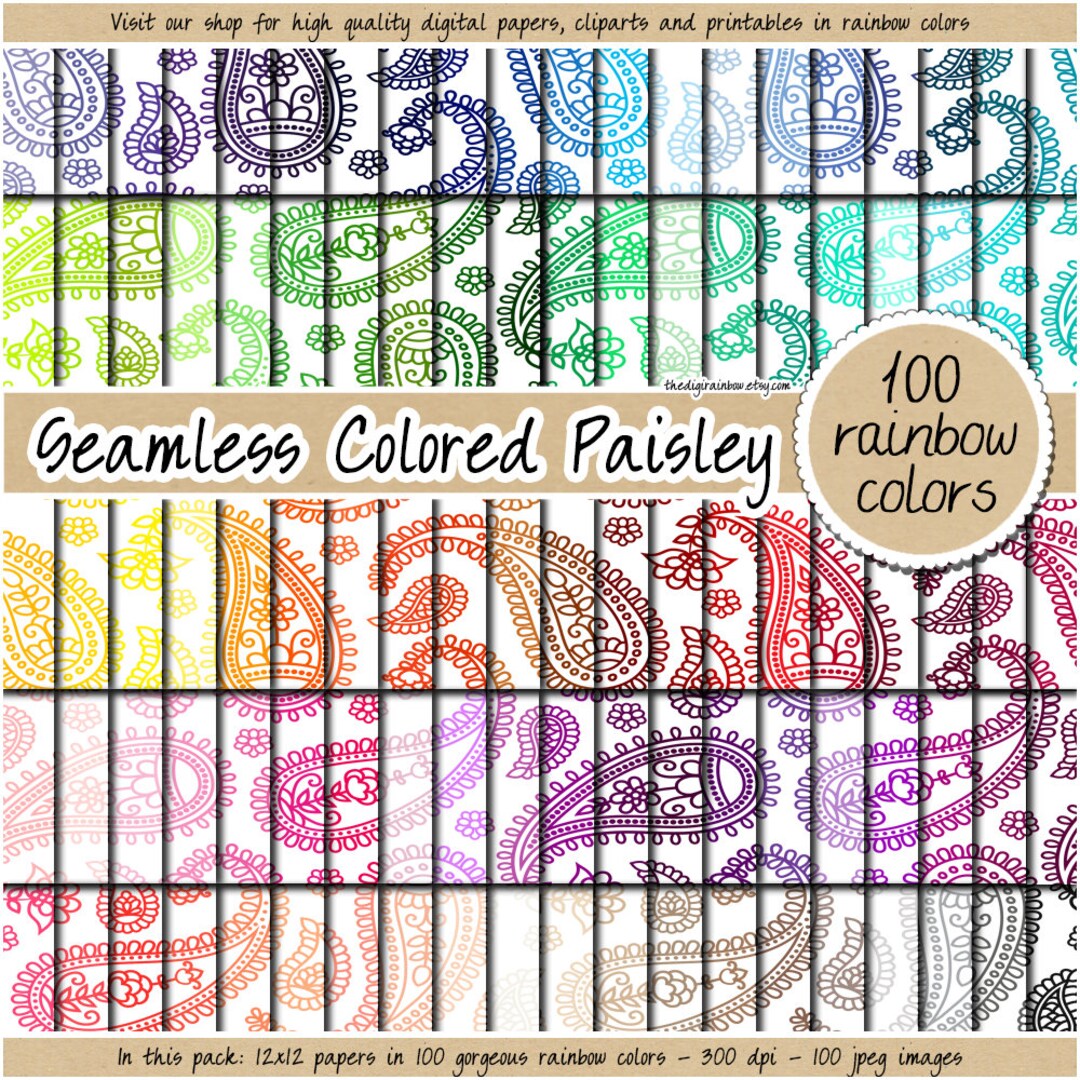100 SEAMLESS Paisley Digital Paper Paisley Clipart Rainbow Paisley ...
