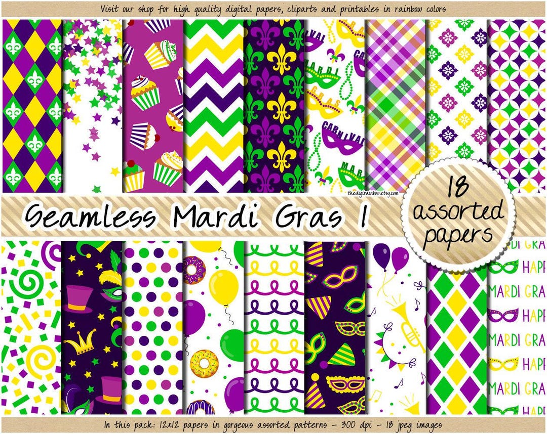 SEAMLESS Mardi Gras Digital Paper Printable Carnival Pattern Gold ...