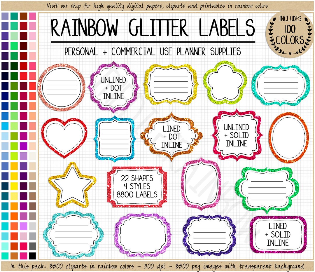 8800 Printable Glitter Labels Rainbow Gift Tag Clipart Glam Sequin ...