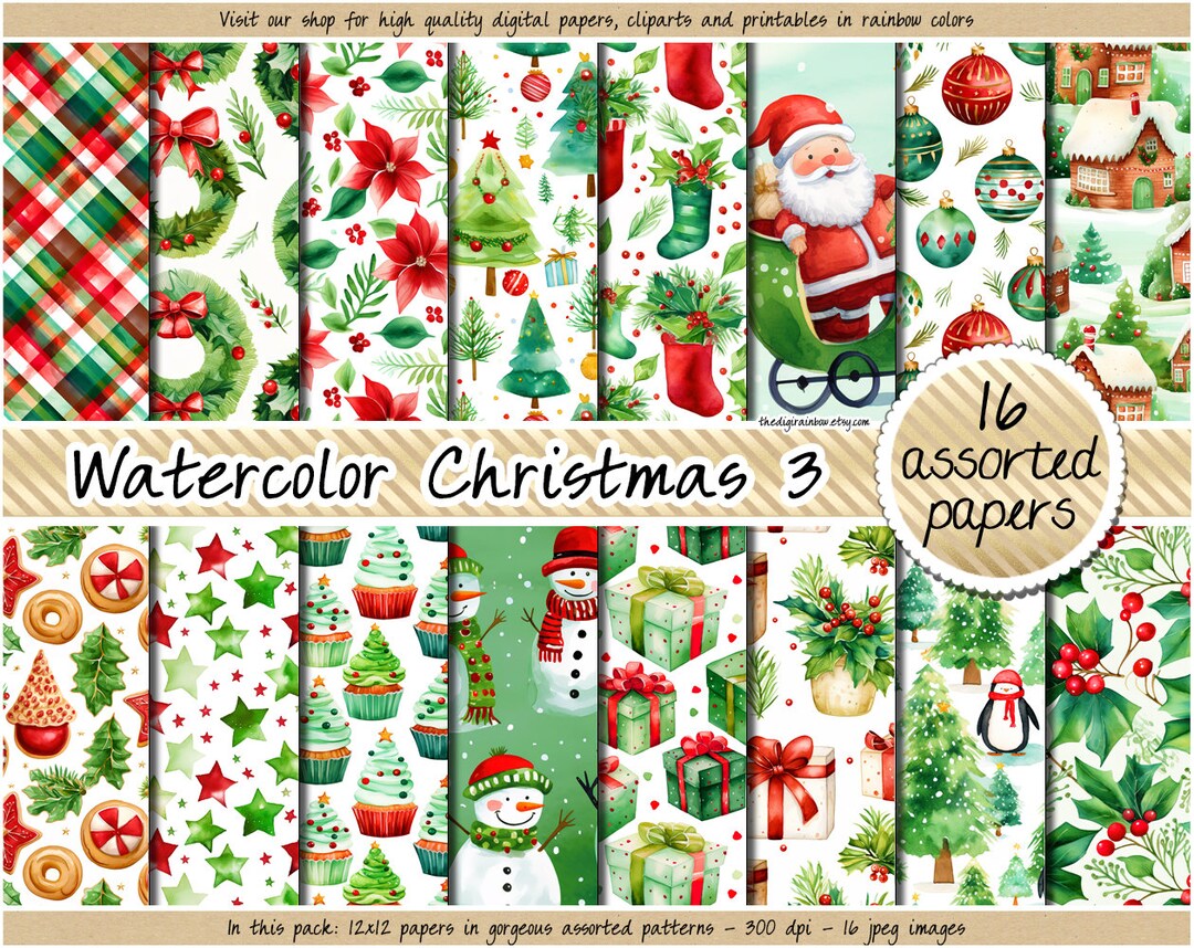 Seamless Watercolor Christmas Digital Paper Red and Green Noel Ephemera ...