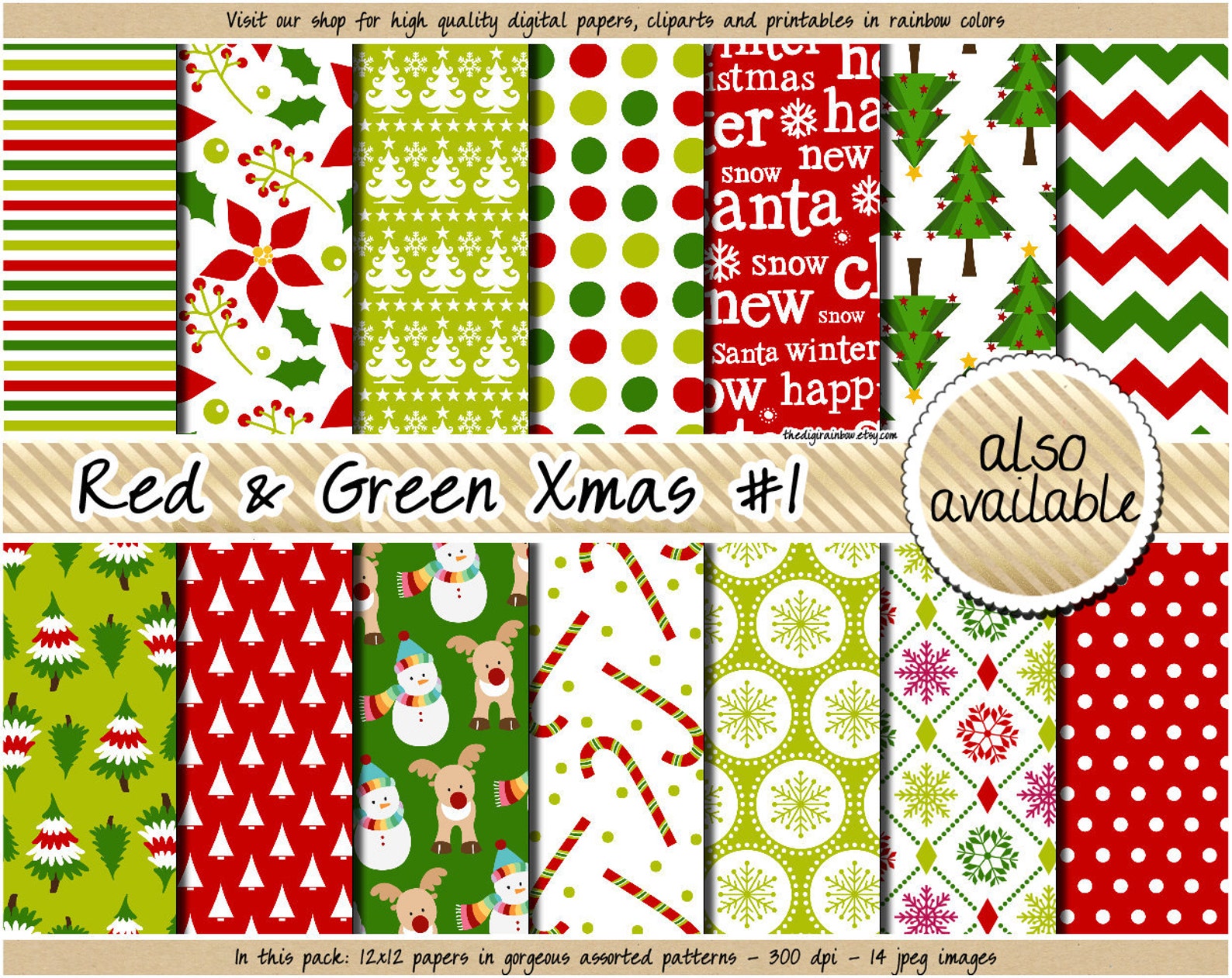 SALE Christmas Digital Paper Red and Green Christmas Digital - Etsy