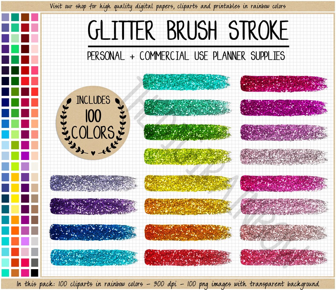 100 GLITTER BRUSH Clipart Rainbow Watercolor Clipart Glitter Paint ...