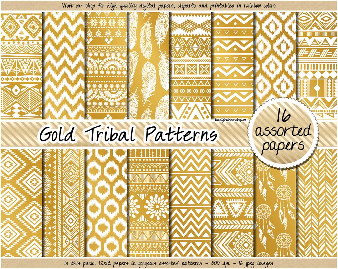 SALE Gold Digital Paper Tribal Digital Paper Gold Foil Print Gold Ikat ...