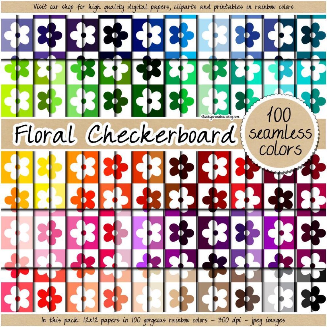 100 Seamless Groovy Checkerboard Digital Paper Daisy Floral Checker ...