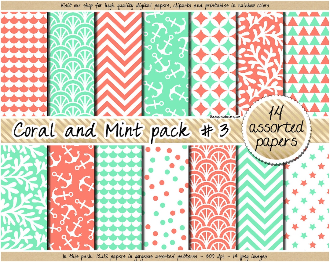 SALE Mint and Coral Digital Paper Nautical Digital Paper Aqua Peach ...