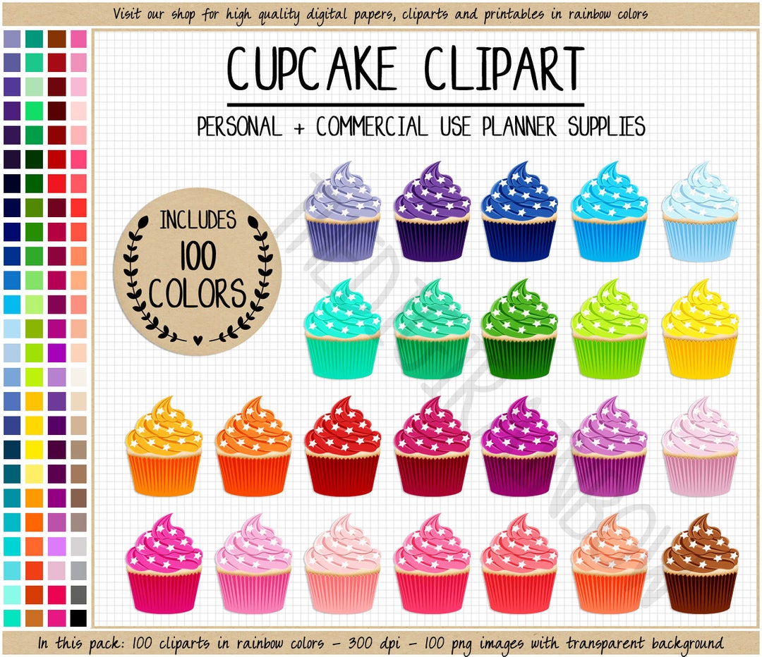 SALE 100 CUPCAKE Clipart Rainbow Cupcake Planner Stickers Cupcake ...