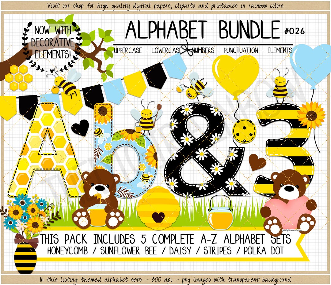 Honey Bee Alphabet Honeycomb Letter Sunflower Clipart Yellow Black ...