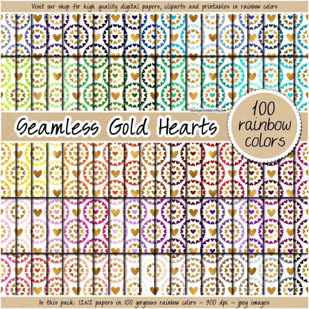 100 Gold Foil Heart Digital Paper Seamless Valentine's Day Digital ...